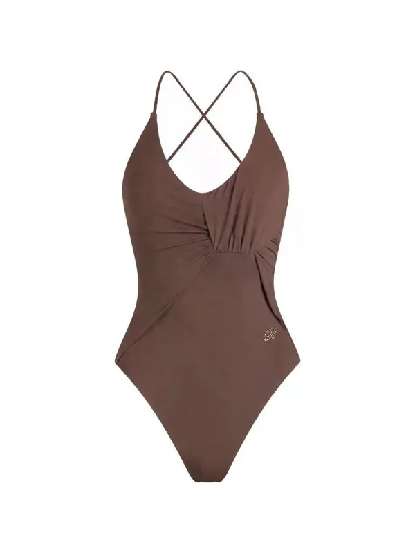 Blumarine Ruched Crossover-strap Swimsuit - Brown