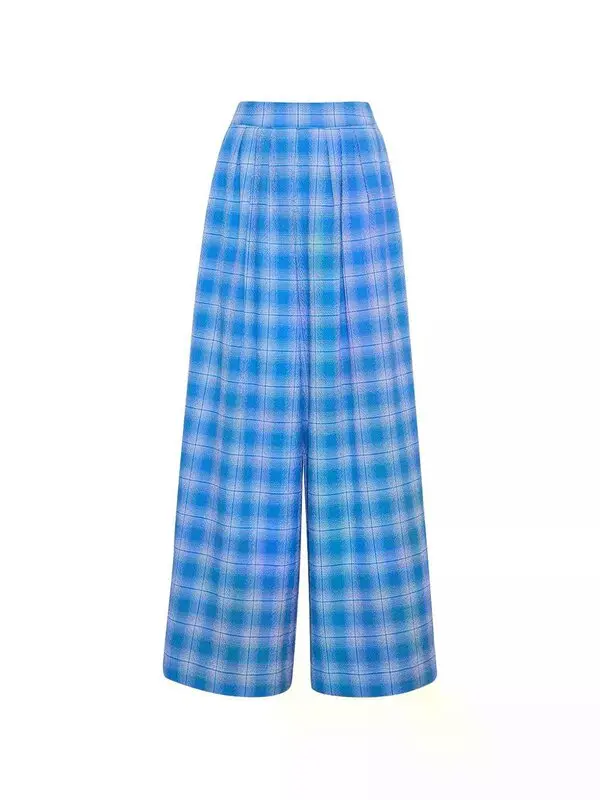 Cara Cara Plaid Pattern Pleated Wide-leg Cotton Trousers - Blue