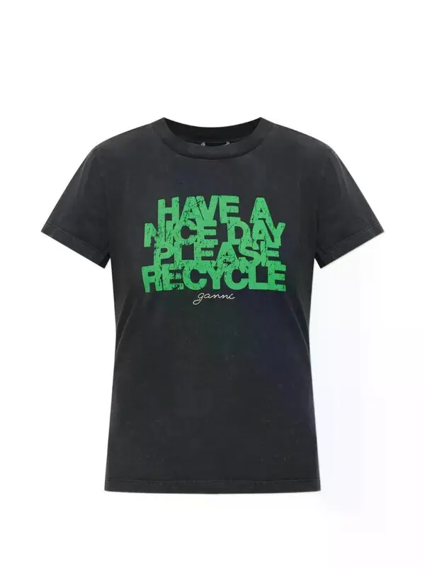 GANNI Slogan Print Cotton T-shirt - Black