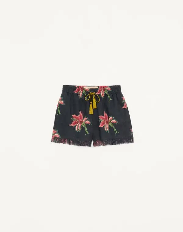 Valentino Garavani Papier Floral Linen Shorts - Black/multicolour