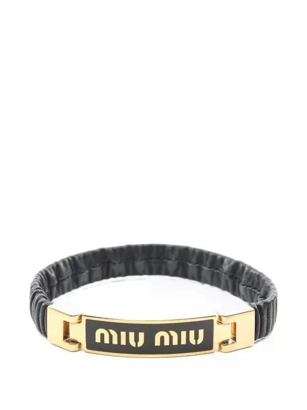 Miu Miu Logo Plaque Ruched Leather Bracelet - Gold