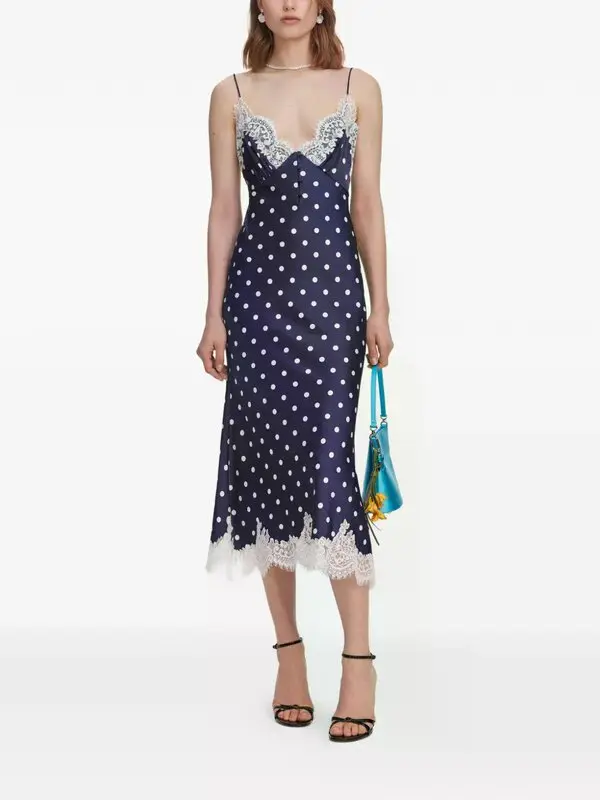 SELF-PORTRAIT Polka-dot Lace-trim Midi Dress - Blue