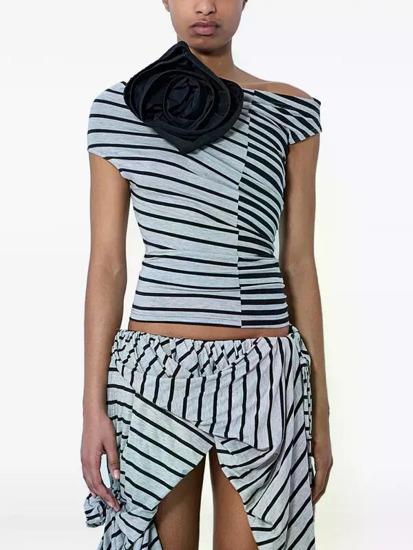 Vaquera Floral Appliqué Off-shoulder Top - Grey