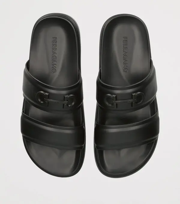 FERRAGAMO Leather Gancini Slide Sandals - Black