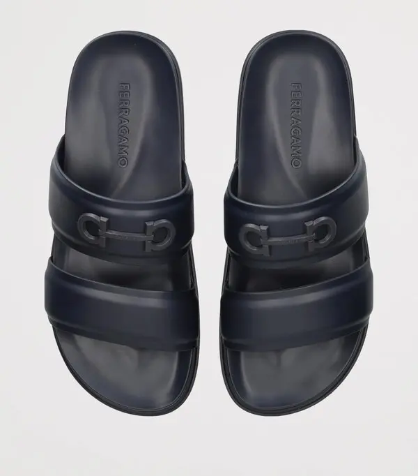 FERRAGAMO Leather Gancini Slides - Navy