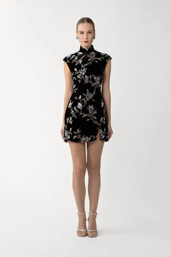 SAU LEE Devon Velvet Mini Dress With Embroidered Florals - Black