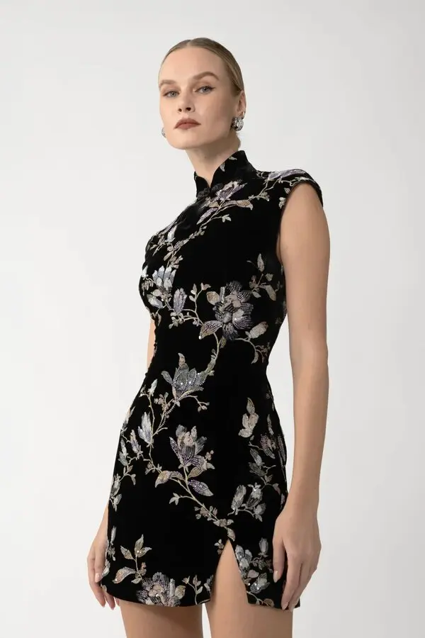 SAU LEE Devon Velvet Mini Dress With Embroidered Florals