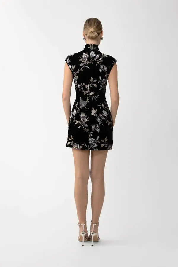SAU LEE Devon Velvet Mini Dress With Embroidered Florals