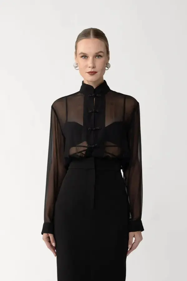 SAU LEE Fallon Silk Chiffon Shirt With Mandarin Collar And Pipa Knots