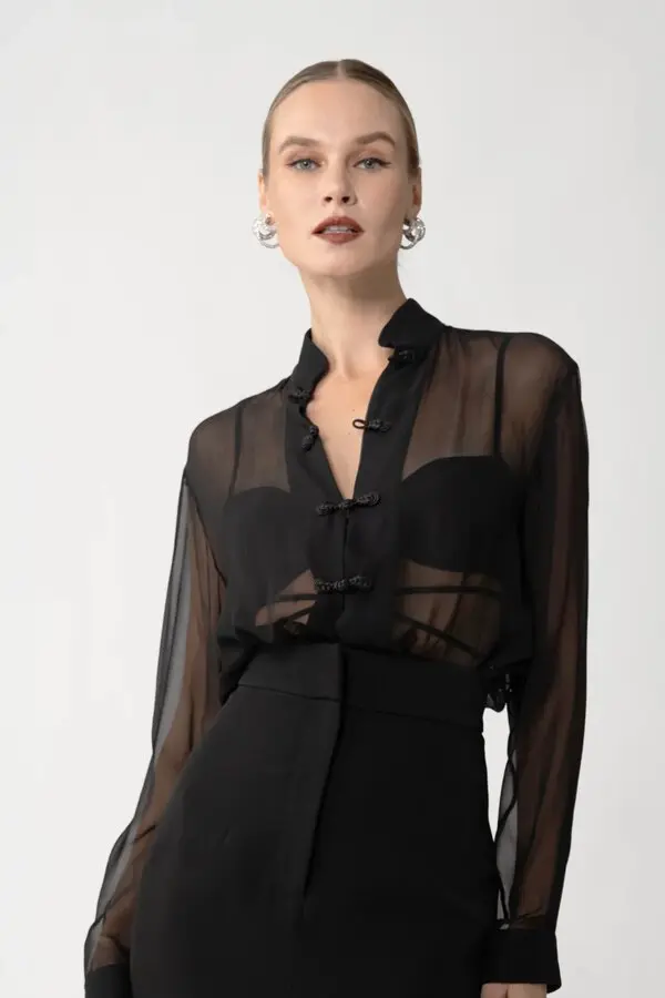 SAU LEE Fallon Silk Chiffon Shirt With Mandarin Collar And Pipa Knots