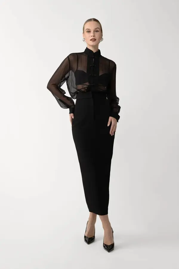 SAU LEE Fallon Silk Chiffon Shirt With Mandarin Collar And Pipa Knots