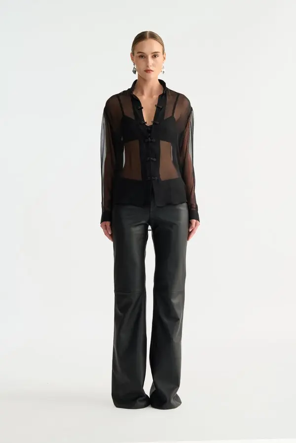 SAU LEE Fallon Silk Chiffon Shirt With Mandarin Collar And Pipa Knots - Black