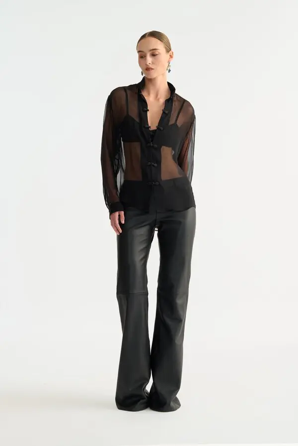 SAU LEE Fallon Silk Chiffon Shirt With Mandarin Collar And Pipa Knots