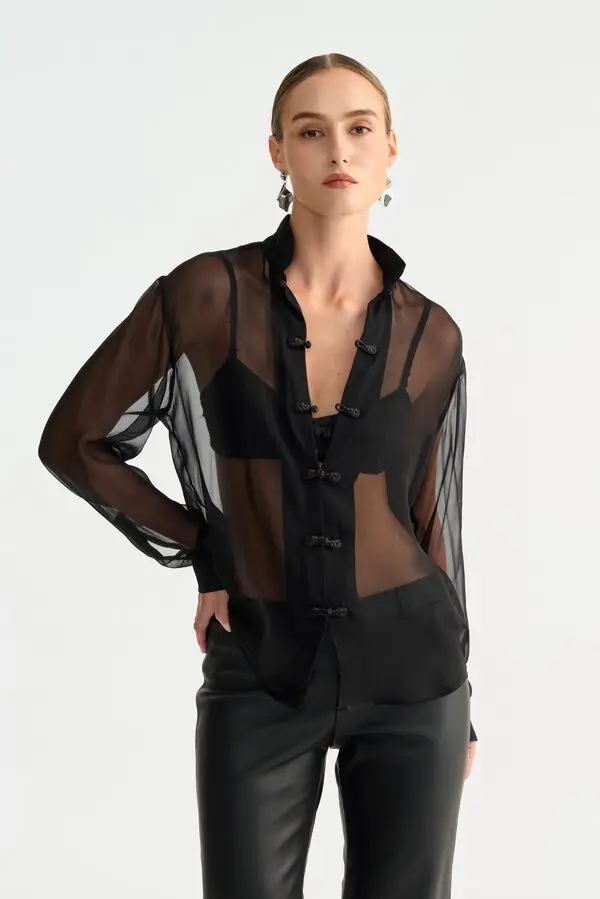 SAU LEE Fallon Silk Chiffon Shirt With Mandarin Collar And Pipa Knots