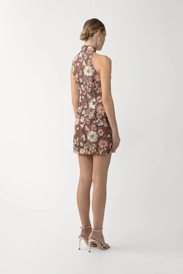 SAU LEE Glory Mini Dress Beaded Floral Tulle Cheongsam