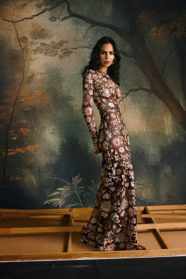 SAU LEE Goldie Maxi Dress With Floral Sequins