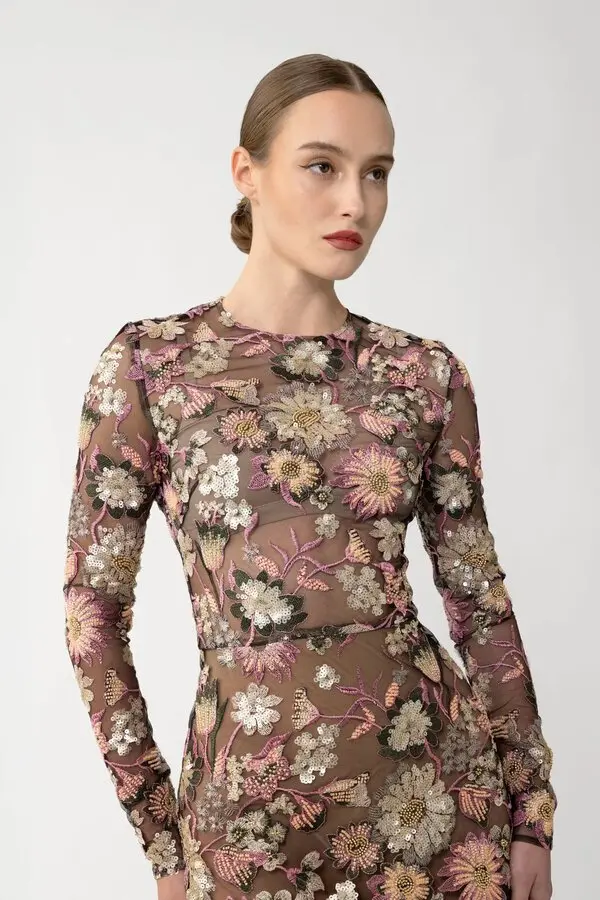 SAU LEE Goldie Maxi Dress With Floral Sequins