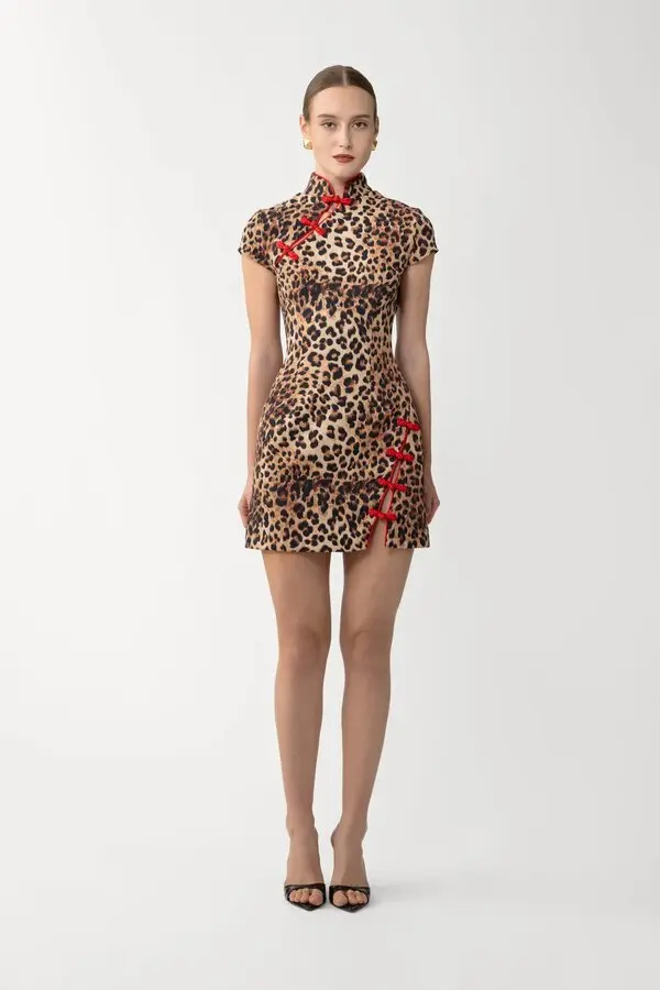 SAU LEE Print Mandarin Collar Mini Dress