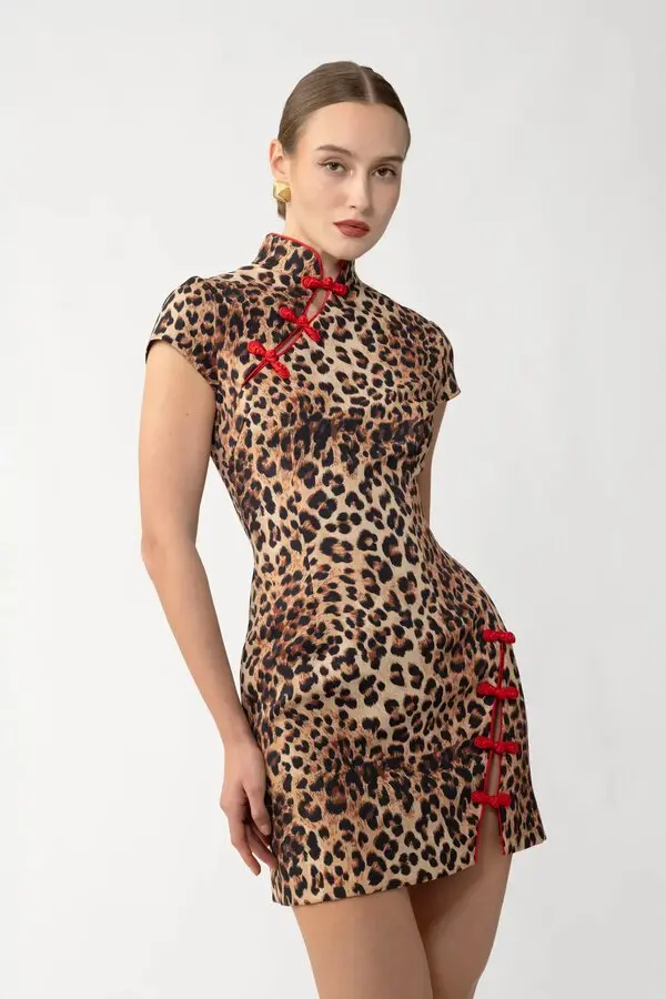 SAU LEE Print Mandarin Collar Mini Dress