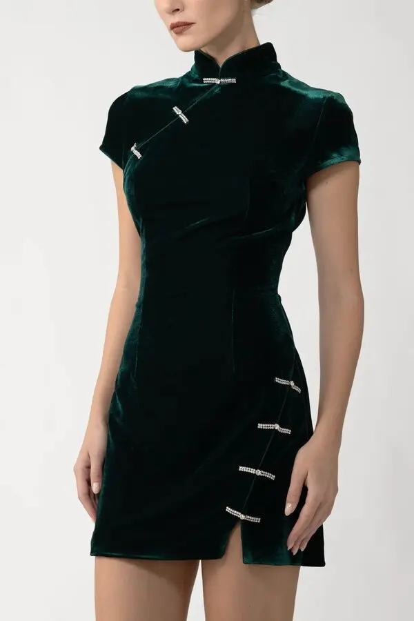 SAU LEE Velvet Mini Dress With Mandarin Collar And Crystal Details