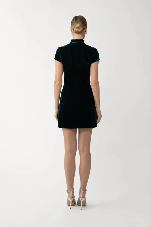 SAU LEE Velvet Mini Dress With Mandarin Collar And Crystal Details