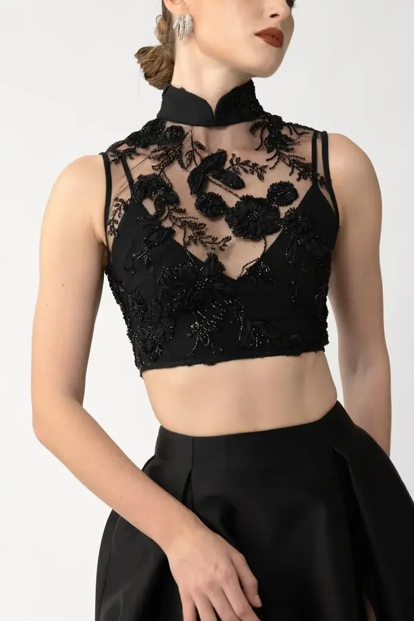 SAU LEE Skye Sheer Beaded Floral Sequin Mandarin Collar Top