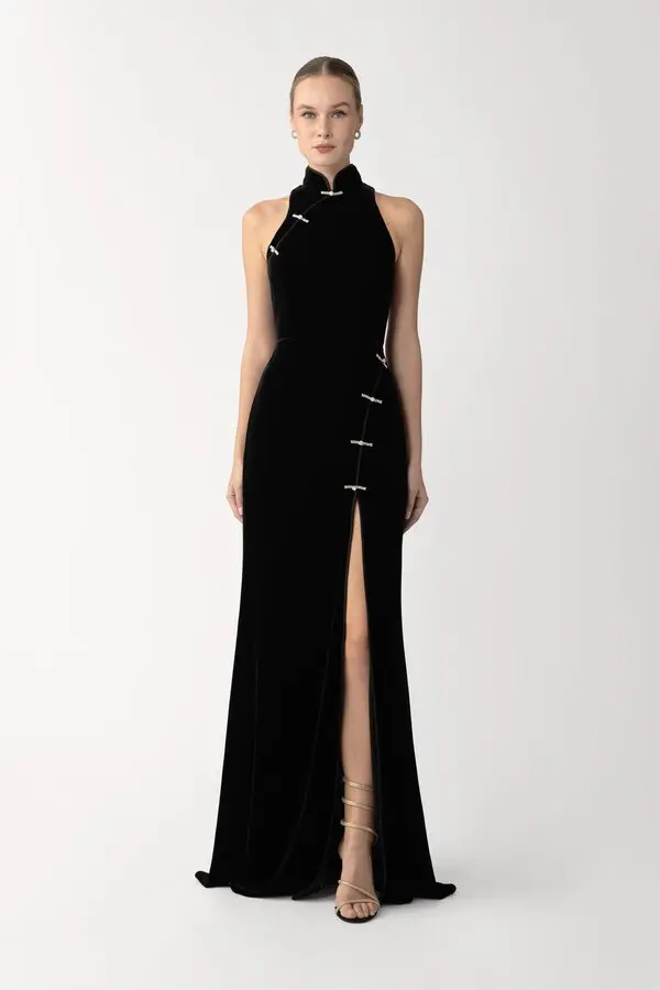 SAU LEE Ariana Velvet Gown With Mandarin Collar And Thigh-high Slit