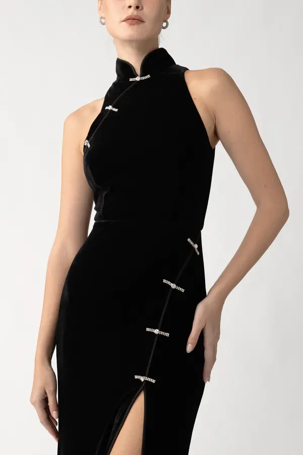 SAU LEE Ariana Velvet Gown With Mandarin Collar And Thigh-high Slit