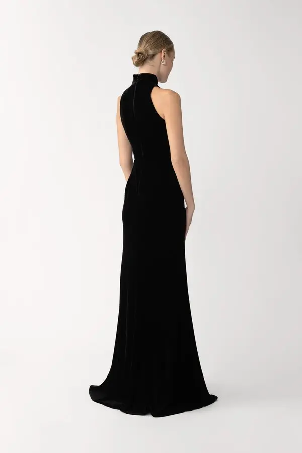 SAU LEE Ariana Velvet Gown With Mandarin Collar And Thigh-high Slit