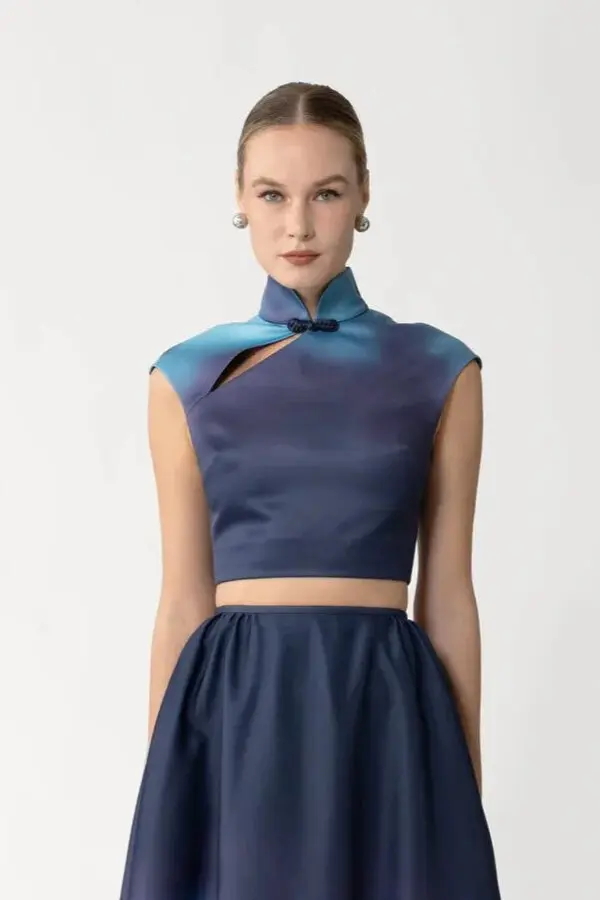 SAU LEE Mai Mandarin Collar Knot Detail Cropped Satin Top