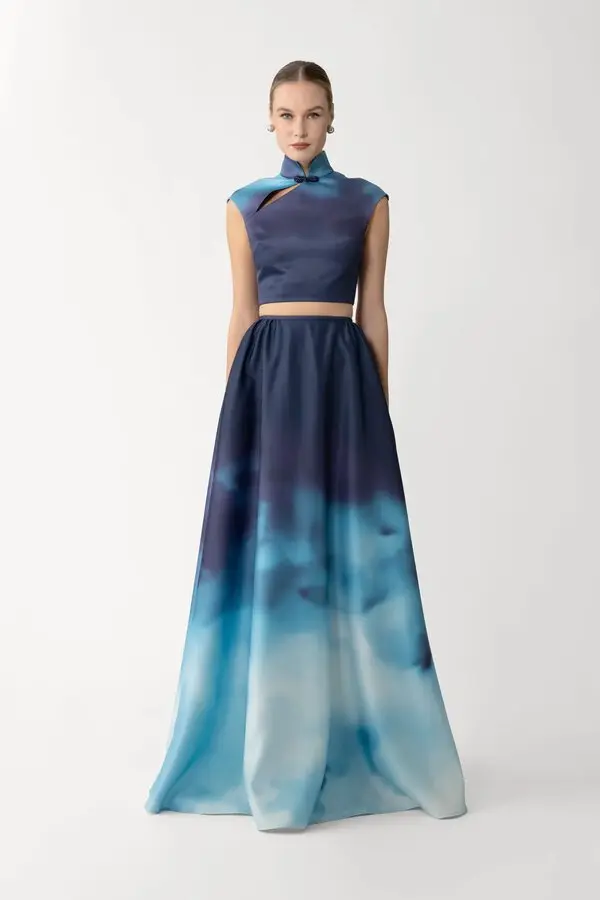 SAU LEE Mai Mandarin Collar Knot Detail Cropped Satin Top