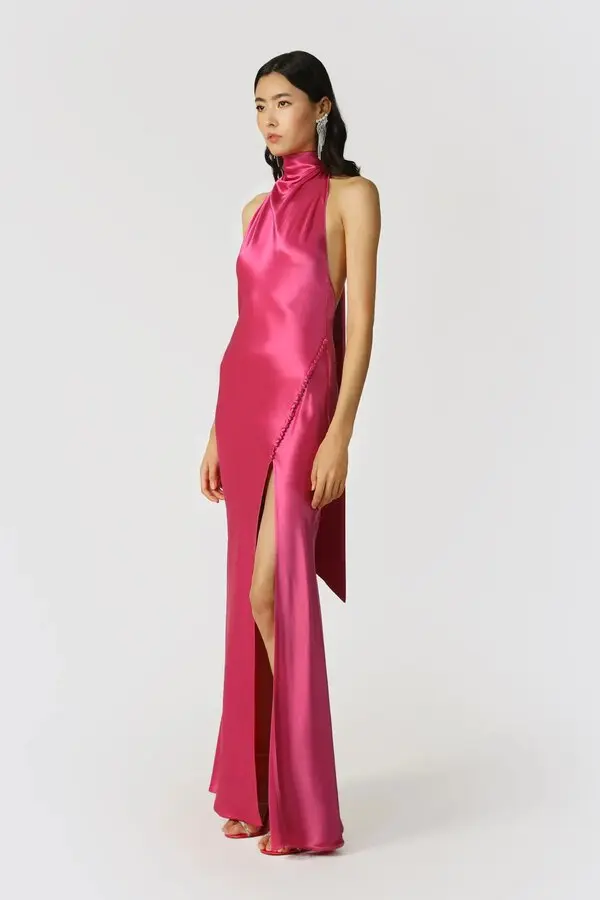 SAU LEE Penelope Backless Satin Gown - Fuchsia