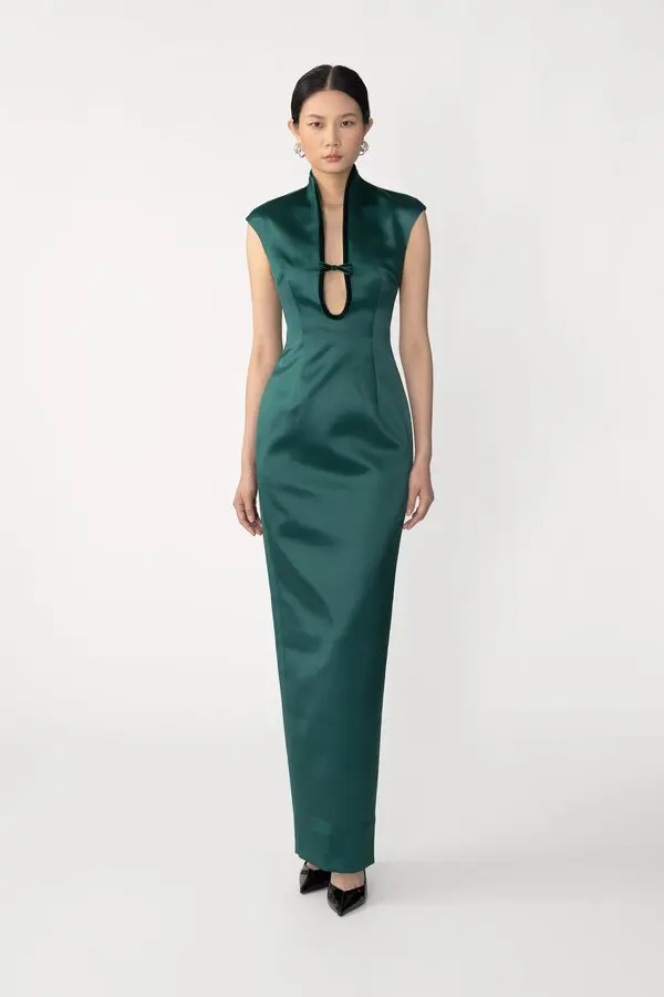 SAU LEE Leana Satin Gown With Mandarin Collar