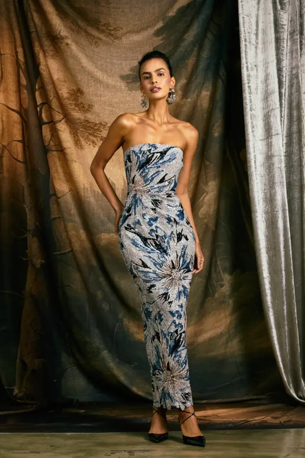SAU LEE Meryl Sequined Strapless Midi Dress
