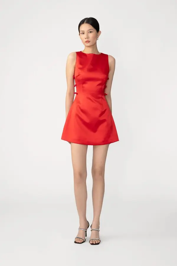 SAU LEE Terri Satin Mini Dress With Velvet Bows