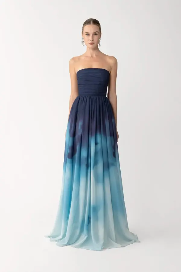 SAU LEE Camille Strapless Chiffon Maxi Gown - Blue Multi