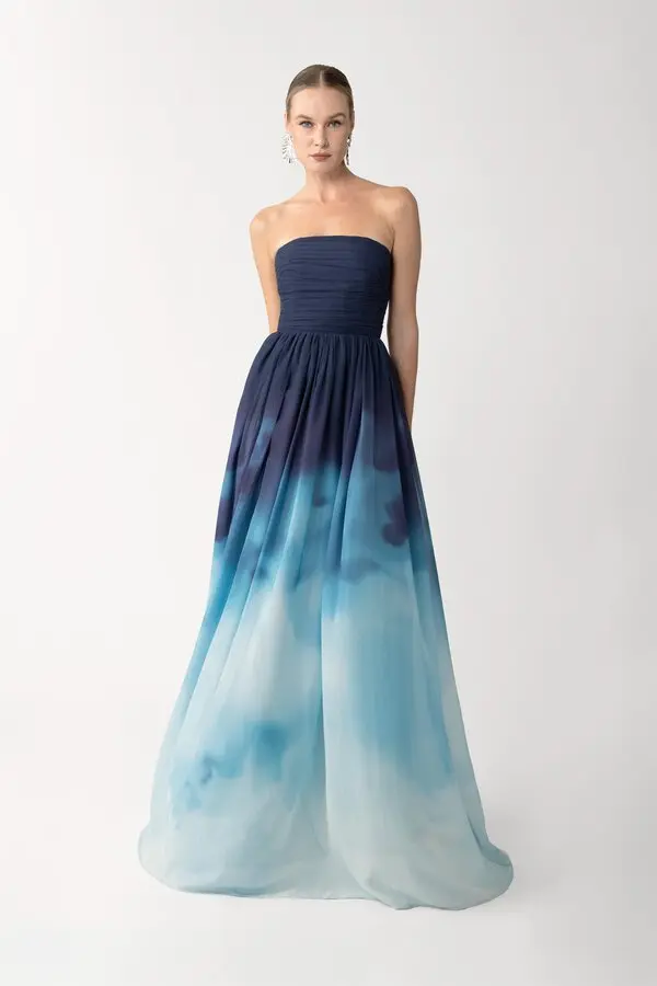 SAU LEE Camille Strapless Chiffon Maxi Gown - Blue Multi