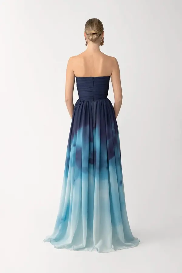 SAU LEE Camille Strapless Chiffon Maxi Gown - Blue Multi