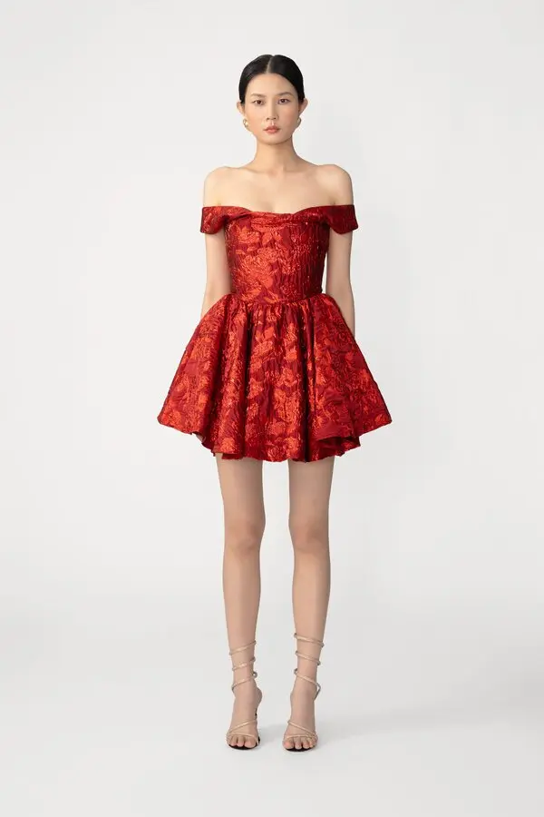 SAU LEE Jem Brocade Off-shoulder Mini Dress