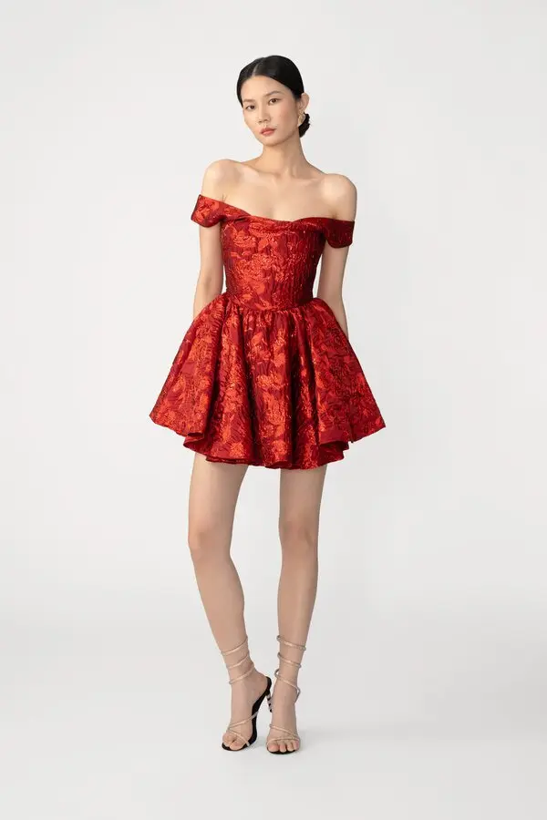SAU LEE Jem Brocade Off-shoulder Mini Dress