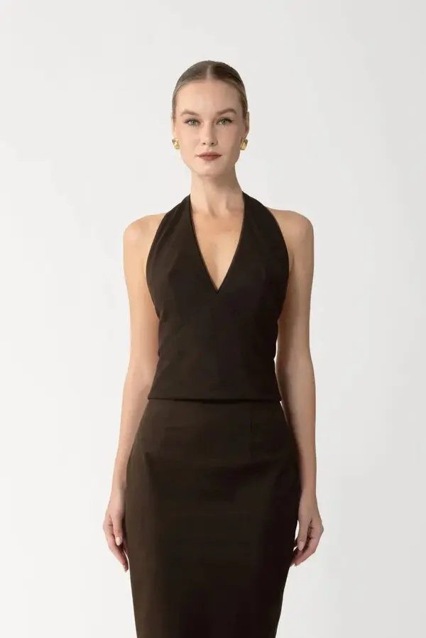 SAU LEE Nomi Faux Suede Halterneck Top - Espresso