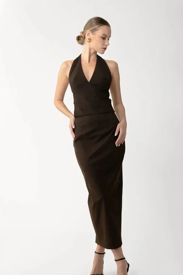 SAU LEE Nomi Faux Suede Halterneck Top