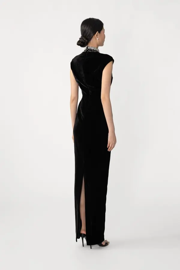 SAU LEE Lenora Velvet Gown With Embellished Plunge