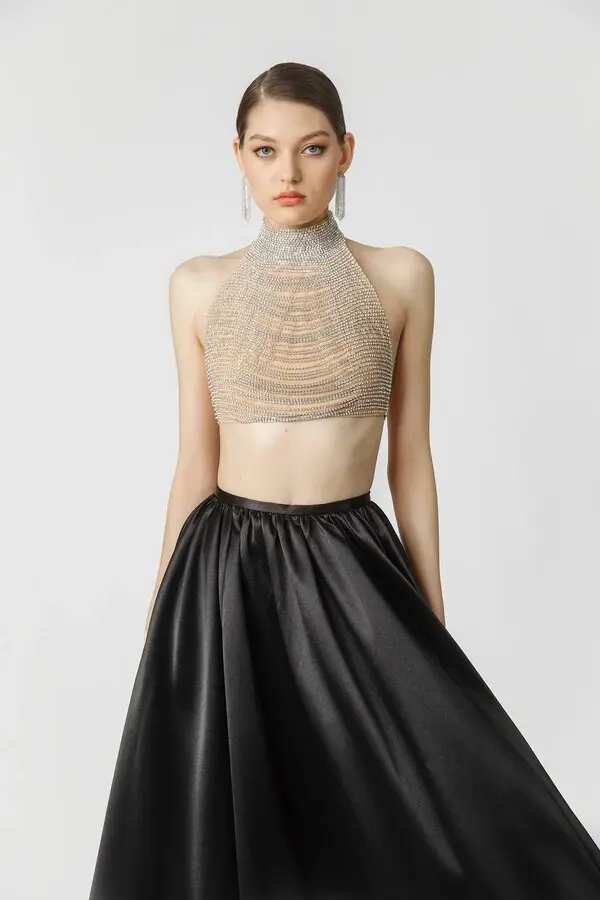 SAU LEE Zahara Halterneck Top With Hand-stitched Crystals