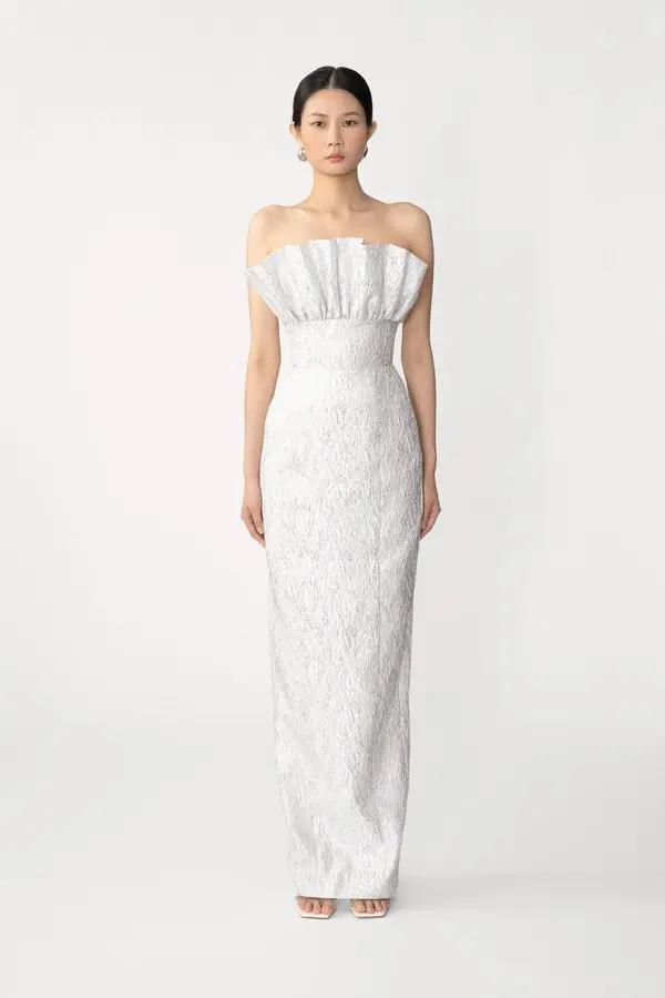 SAU LEE Strapless Jacquard Gown With Ruffle Detail - Silver
