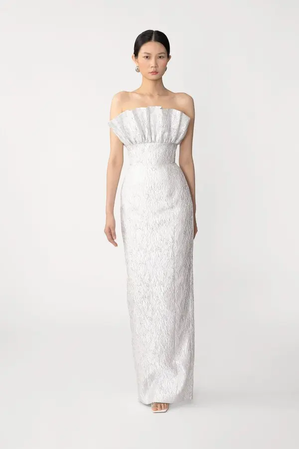 SAU LEE Strapless Jacquard Gown With Ruffle Detail - Silver