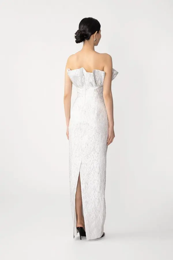 SAU LEE Strapless Jacquard Gown With Ruffle Detail - Silver