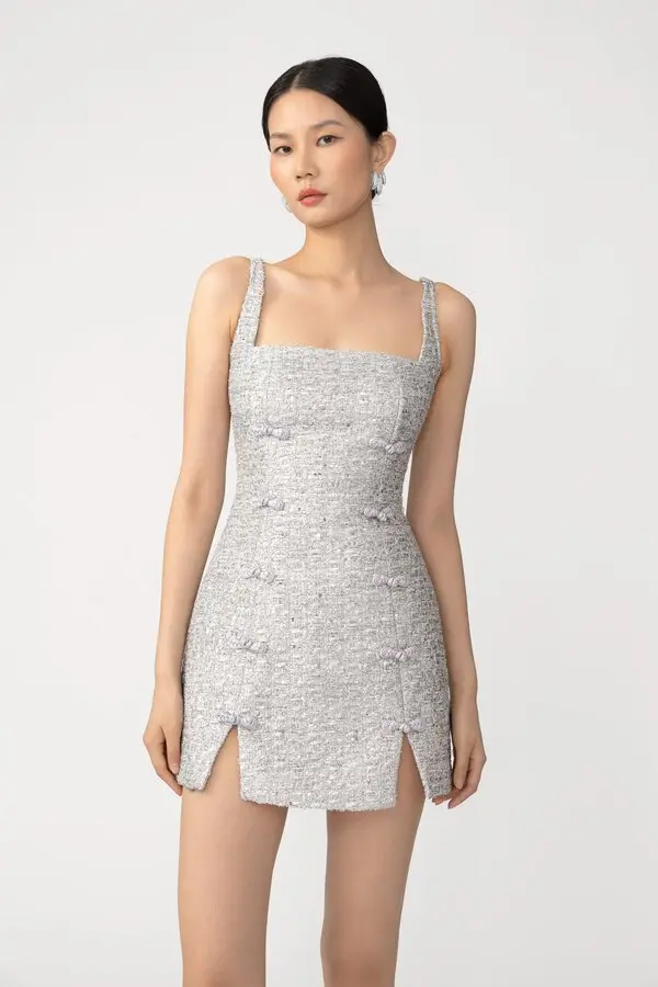 SAU LEE Aidan Tweed Mini Dress With Pipa Knots