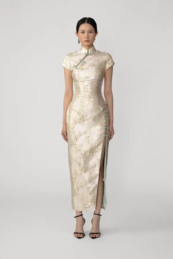 SAU LEE Josephine Jacquard Midi Dress - Silver Mint