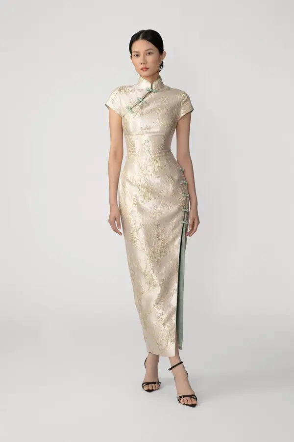 SAU LEE Josephine Jacquard Midi Dress - Silver Mint